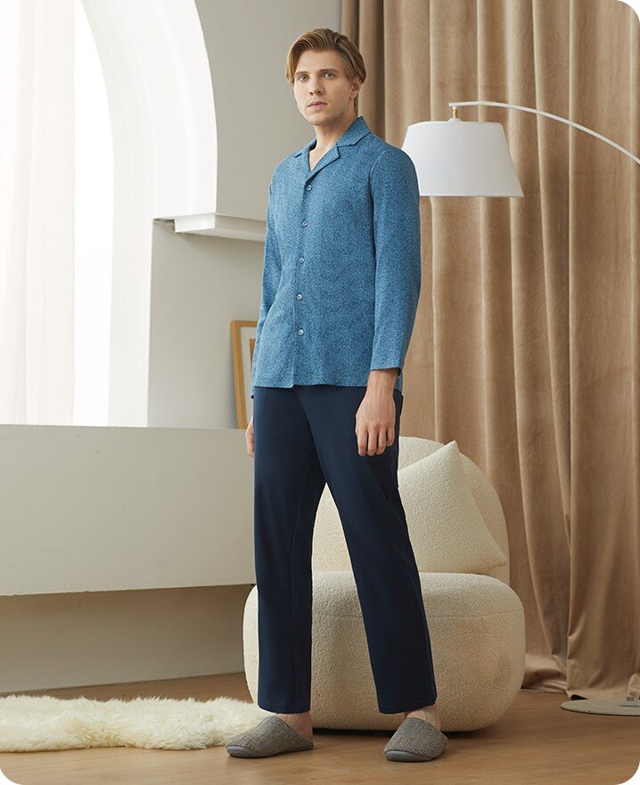 Men's 40S Pure Cotton Lapel Long Sleeved Winter Sleepwear Homewear Set ...